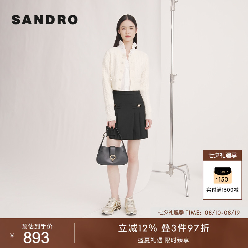 线上专享SANDRO女装法式黑色绵羊毛S金属扣高腰百褶短款半身裙