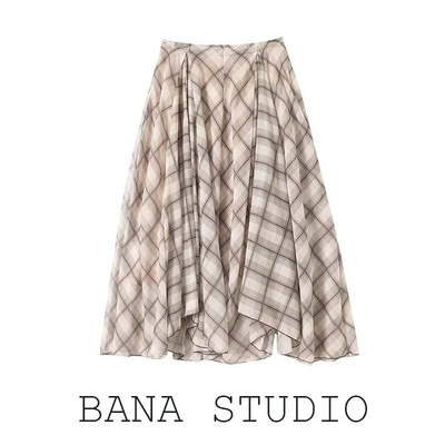 格子高腰飘逸荷叶边大摆长裙半裙