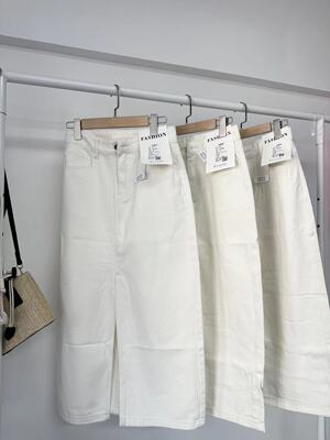 2024秋季直筒窄版松弛感全棉软牛仔面料前开叉半身裙中长款牛仔裙