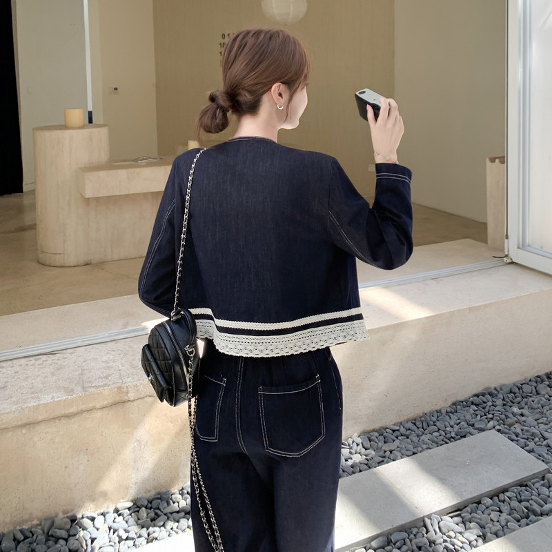 2025秋季新款现货深蓝色牛仔蕾丝拼接阔腿裤套装166-2580P155K228_茜茜公主166-2580P - 杭州女装网