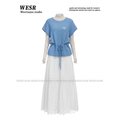 【新品】WESTAYONE针织短袖上衣女小飞袖毛衣+碎花网纱打底+长裙