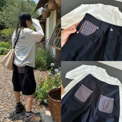 iamstudio 9540毒家定制 少年感中裤 拼接格子口袋