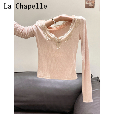 拉夏贝尔蕾丝拼接V领长袖t恤女2026早春新款修身打底内搭短款上衣