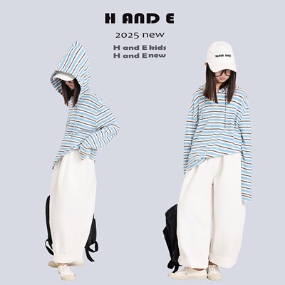 H AND E 原创童装2026春季慵懒风尼罗河蓝撞色条纹卫衣女童亲子装