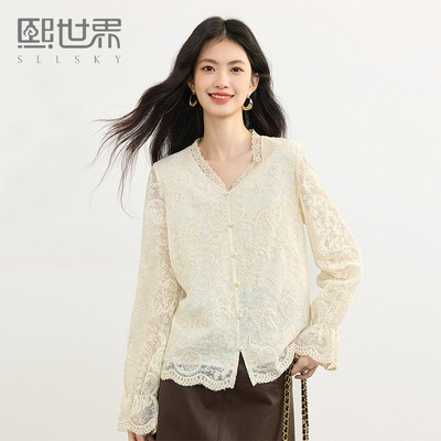 熙世界法式花边V领蕾丝衫女2025秋季新款气质刺绣喇叭袖衬衫上衣