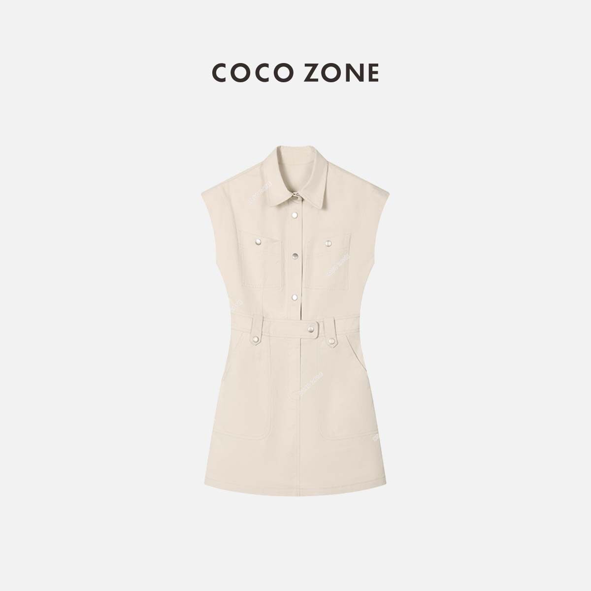 COCO ZONE 夏季POLO翻领无袖系扣收腰工装坎肩连衣裙 23C18673