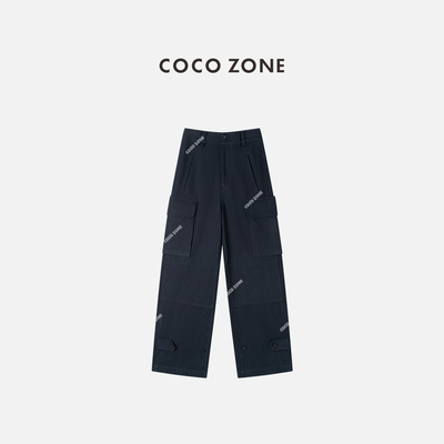 COCOZONE刘一一 宝藏蓝100棉复古设计多口袋工装休闲裤子CC1C2251