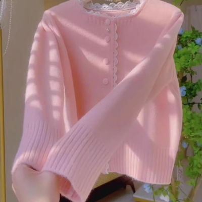 2025春秋新款洋气减龄蕾丝花边毛衣开衫女简约百搭单排扣针织外套