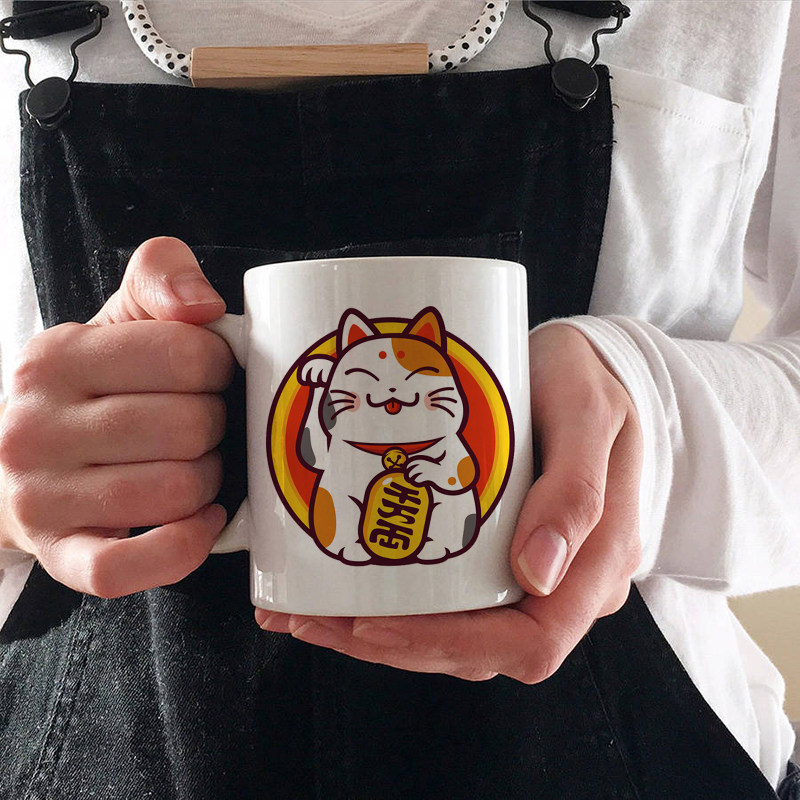 卡通彩虹招财猫马克杯ins风情侣陶瓷杯喝水杯麦片牛奶杯开店礼物