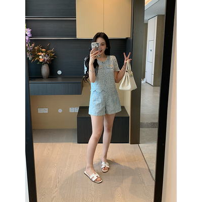 XINYI【悉尼海岸】夏季高定钉珠小衫+高腰短裤显瘦套装X625A07600