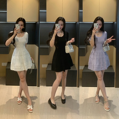 镂空白色连衣裙女夏季法式微胖mm