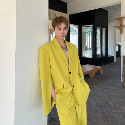 韩国设计师走秀款时尚开叉袖口设计西装套装男长裤舞台装两件套潮