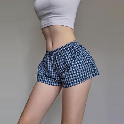 推荐BM感美式纯棉蓝色格子阔腿短裤女海边松紧腰纽扣休闲居家热裤