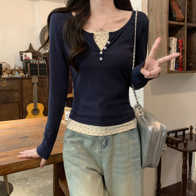 实拍250克德芙棉长袖t恤女2026早春新款薄款假两件打底衫圆领上衣