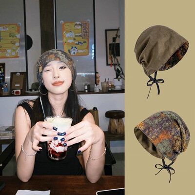 双面佩戴复古堆堆帽子女2025秋冬季扎染慵懒大头围包头帽子显脸小
