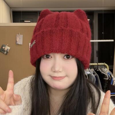 可爱猫耳朵针织帽女小铁标简约冬季保暖显脸小百搭毛线帽大头围