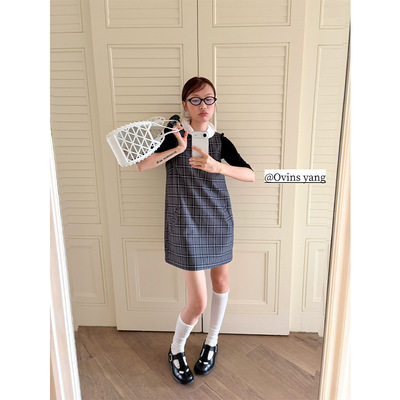 L少女 ovinsyang 好百搭~学院风格子背心裙女叠穿甜美无袖连衣裙