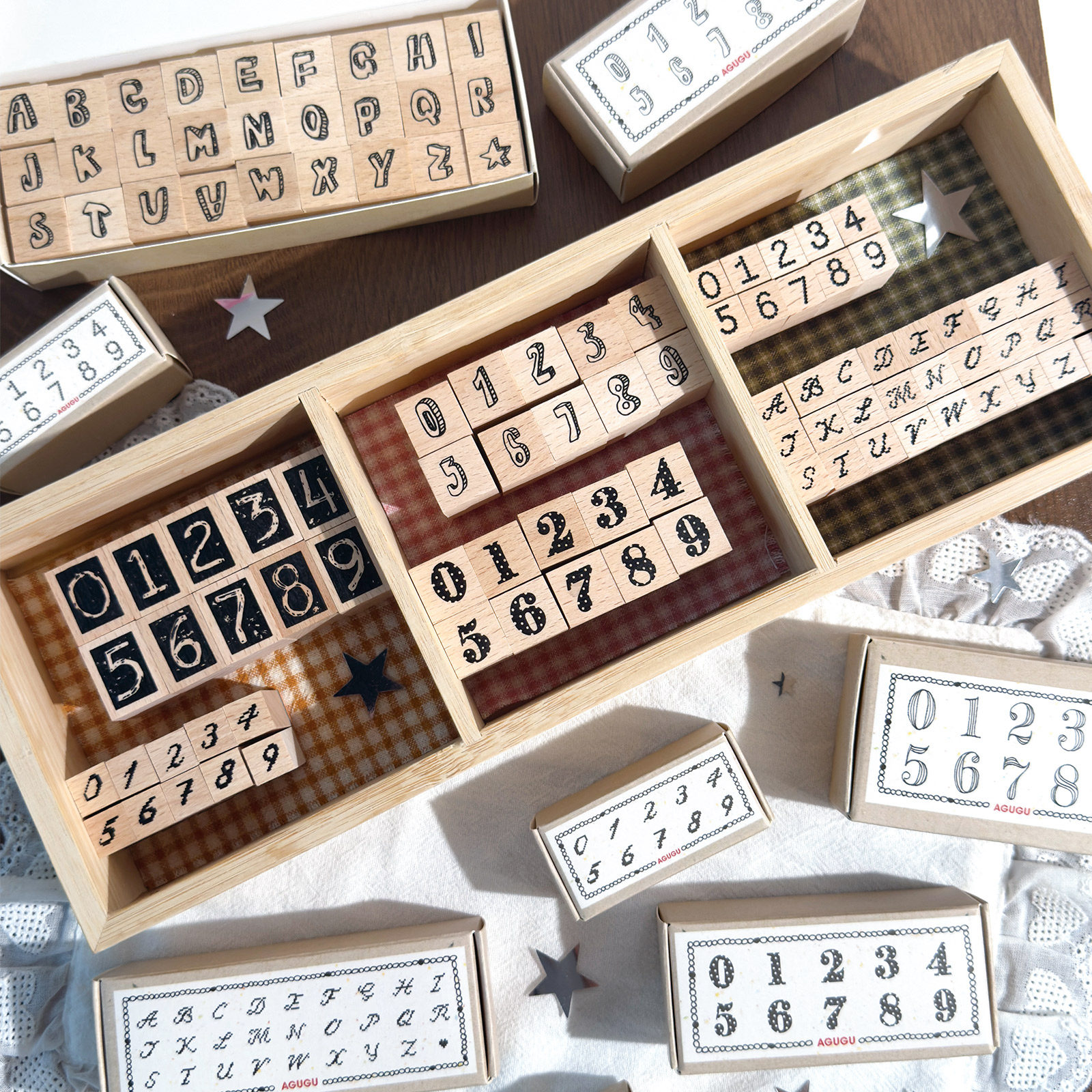 AGUGU数字与字母 橡胶皮榉木木质印章套装手帐盖章打卡日常记录