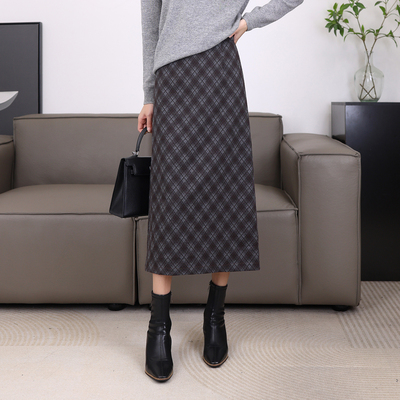 毛呢格子半身裙2026新款冬季高腰显瘦开叉半身裙设计感长裙 21768