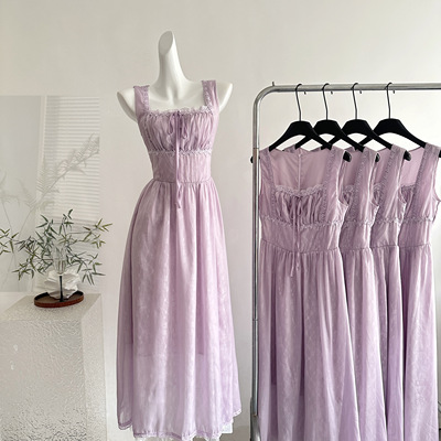 Acaine紫色长款方领收腰a字吊带连衣裙女夏季法式复古千金风裙子