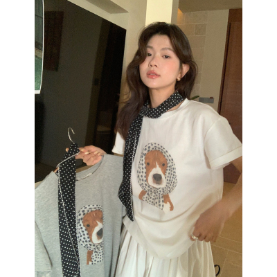 The limon柠檬绿茶趣味小狗印花短袖T恤女春季减龄圆领上衣带丝巾