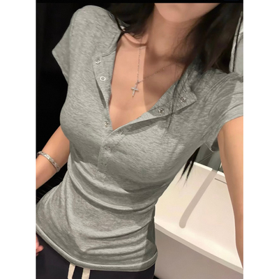 元熙-十三行夏季设计感亨利领超绝显瘦正肩tee短袖T恤上衣女26334