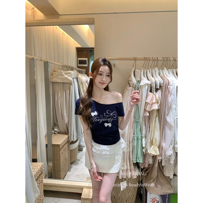 AS OFFICIAL-十三行春夏显瘦斜领露肩拼接蕾丝花边短袖T恤女26298