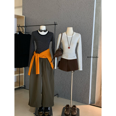 WGWE十三行秋季新款韩系条纹修身显瘦露背镂空打底长袖T恤女W7084