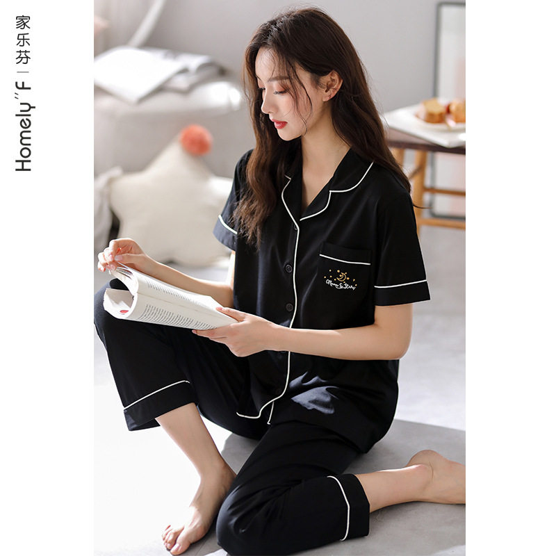女士夏季100%纯棉短袖长裤家居服夏天薄款开衫加大码套装