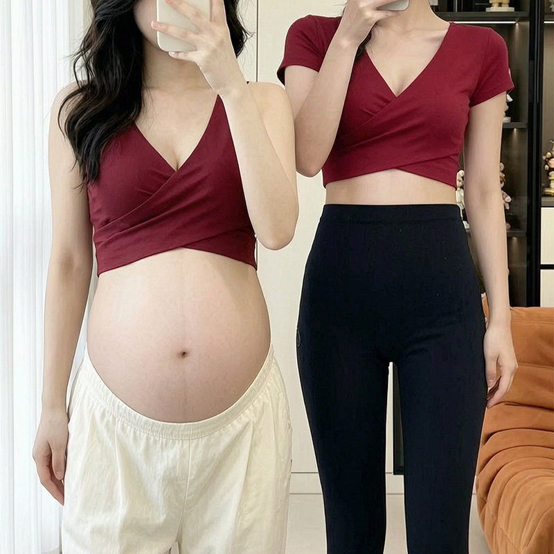 孕妇绝美夏季短款普拉提瑜伽服套装时尚性感速干运动健身短袖上衣