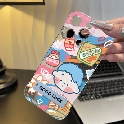 iPhone16透明15适用硬14plus无边框苹果13超薄手机壳带支架12ProMax高级感短发小男孩小米15一加ACE5OPPOK11