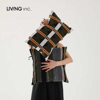 LIVING inc.书橱 中古几何条纹绿色系沙发抱枕轻奢高级感复古靠垫