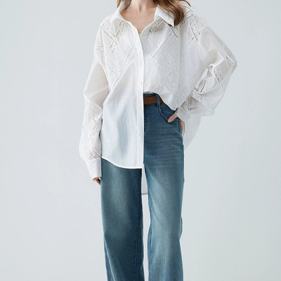 紫藤花外贸-白色镂空刺绣拼接天丝衬衫宽松休闲时尚百搭衬衫A9947