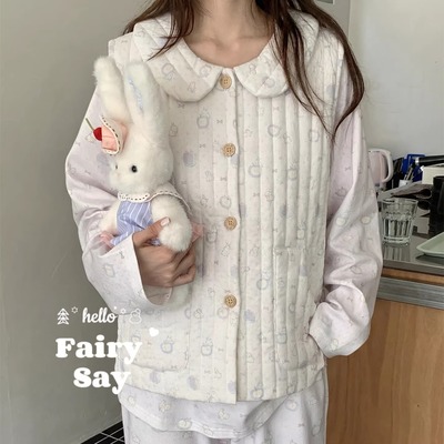 秋冬三层夹棉娃娃领开衫马甲女士