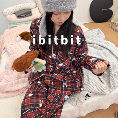 全棉圣诞红格子卡通家居服套装女