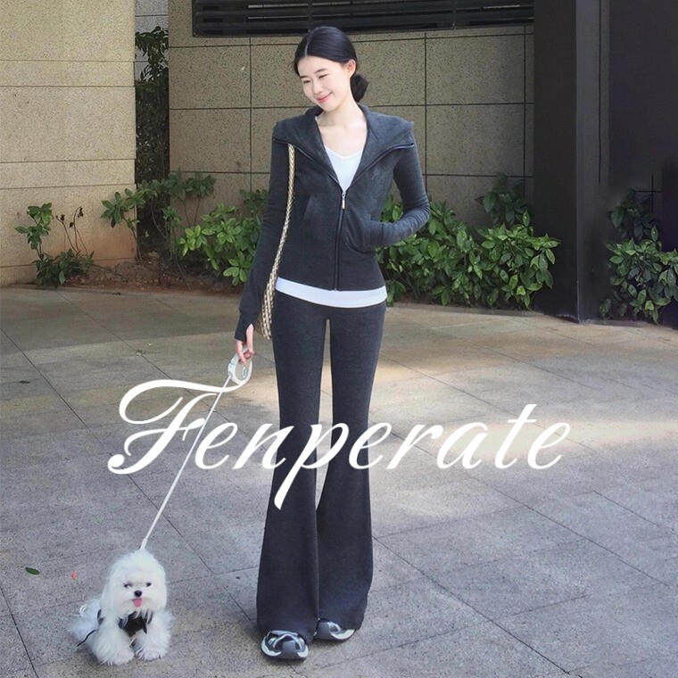 FENPERATE韩系运动休闲套装女秋季时尚减龄连帽卫衣微喇裤两件套