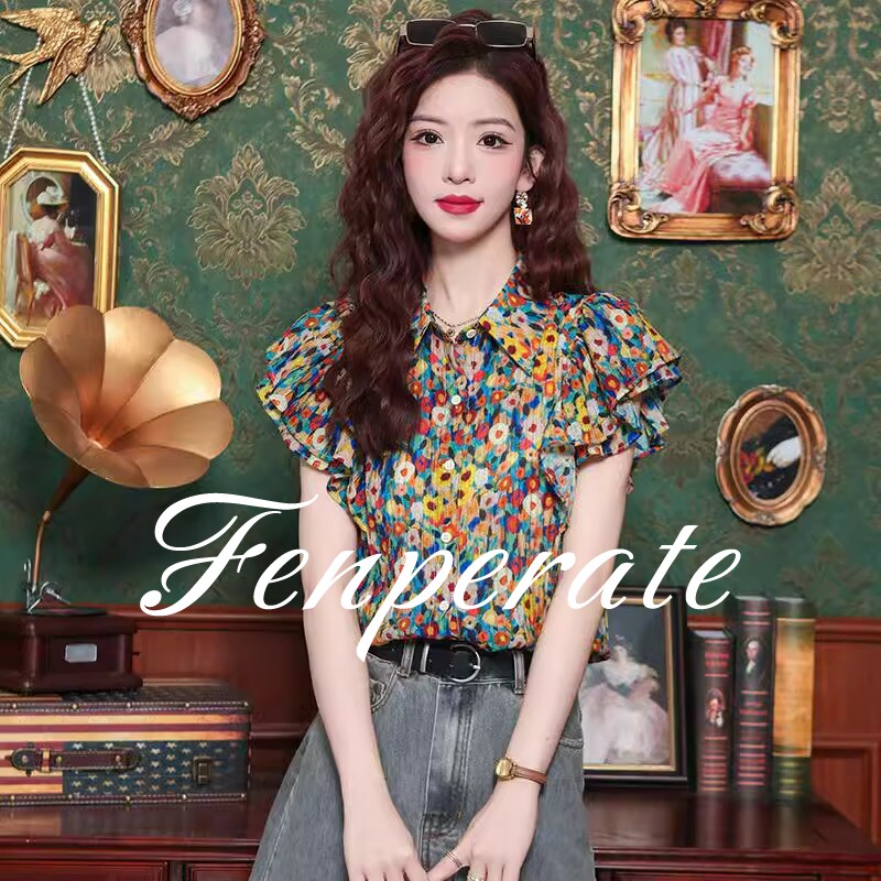FENPERATE复古港风碎花设计感衬衫女夏季时尚洋气上衣小飞袖衬衣