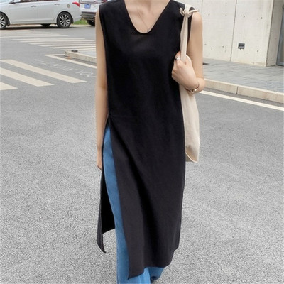 9536夏亚麻开叉连衣裙无袖简约v领背心裙子过膝衬衫女棉麻连衣裙