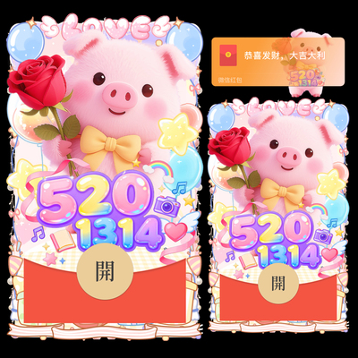 可爱小猪玫瑰花微信红包封面520情人节1314新版动态原创红包封面