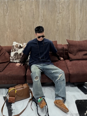 【陈发财】FA CAI秋冬新美式复古风条纹拼接假两件小领口长袖T恤