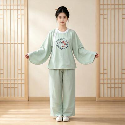 汉服纯色弓袋袖交领起居服套装可外穿睡衣女右衽交领中国风服饰