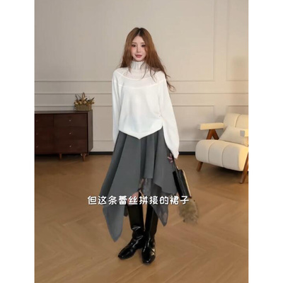 格雷系蕾丝拼接灰色半身裙女