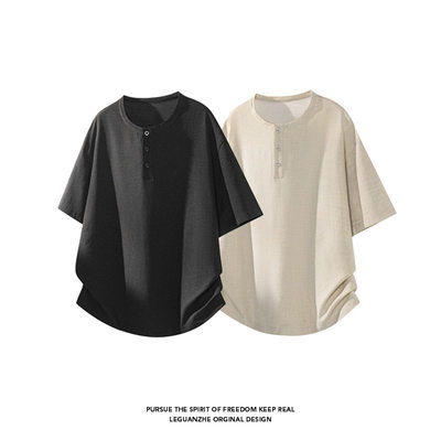 【NO LOGO PLUS】老钱风亨利领短袖衬衣T恤轻薄凉感夏季男士百搭p