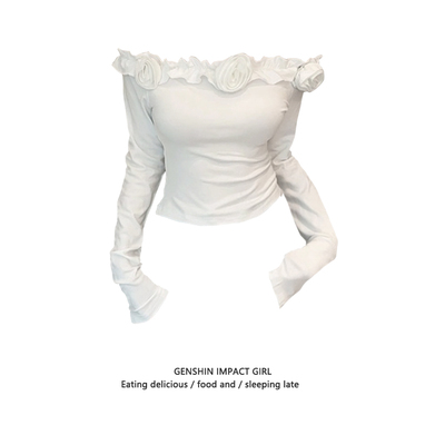 一字领露肩白色花朵长袖T恤女秋