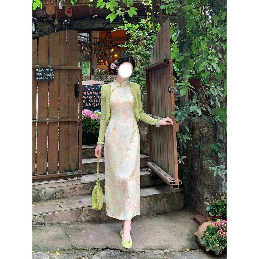 扣春夏水墨钉珠盘中式长裙国风出游开叉复古清新新旗袍花卉收腰