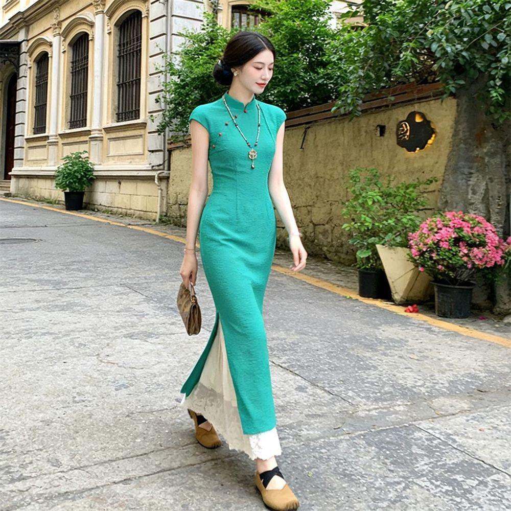 旗袍礼服文艺立领气质新无袖茶裙歇纯色盘扣复古中式日常绿温婉