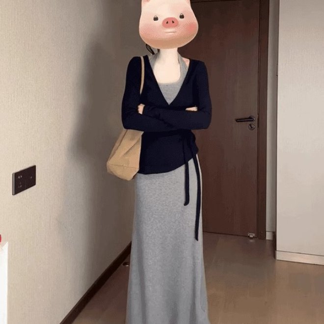 纯欲辣妹灰色挂脖吊带连衣裙黑色开衫女夏季收腰显瘦套装