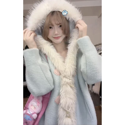 毛领连帽蓝色甜美牛角扣针织开衫女秋冬新款厚实宽松毛衣外套上衣