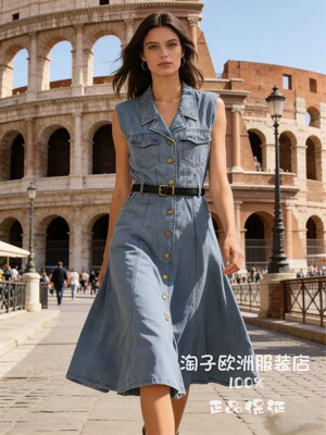 意大利品牌joie clair正品时尚配腰带无袖牛仔系扣连衣裙2026春夏
