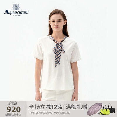 【100%棉】女优雅格纹丝带T恤